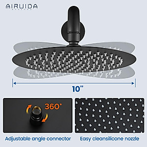 Airuida Shower Fixtures Matte Black 2 Functions 10 Inches Round Rainfall Shower Head and High Pressure Brass Shower Handheld Mixer Bathroom Wall Mount Shower System with Rough-in Valve