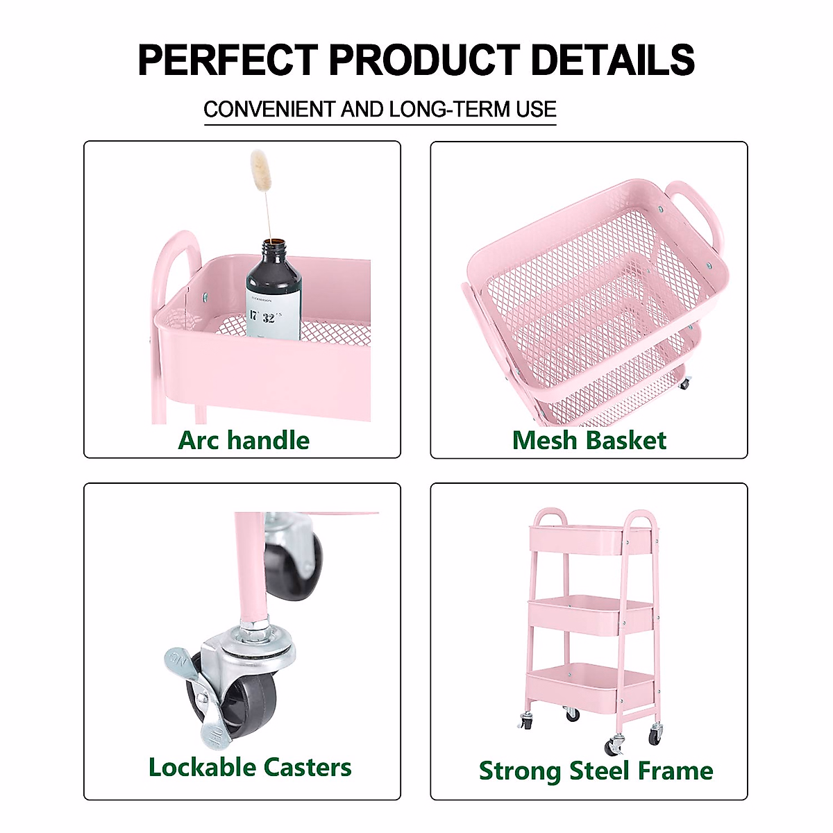 3-Tier Metal Mesh Utility Rolling Cart Storage Organizer with Wheels, Pink