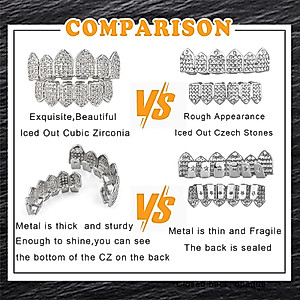 JINAO Diamond Grillz 18K Gold Plated Grills for Your Teeth Macro Pave CZ Iced Out Grill for Men Women With Extra Molding Bars Included (Silver set)