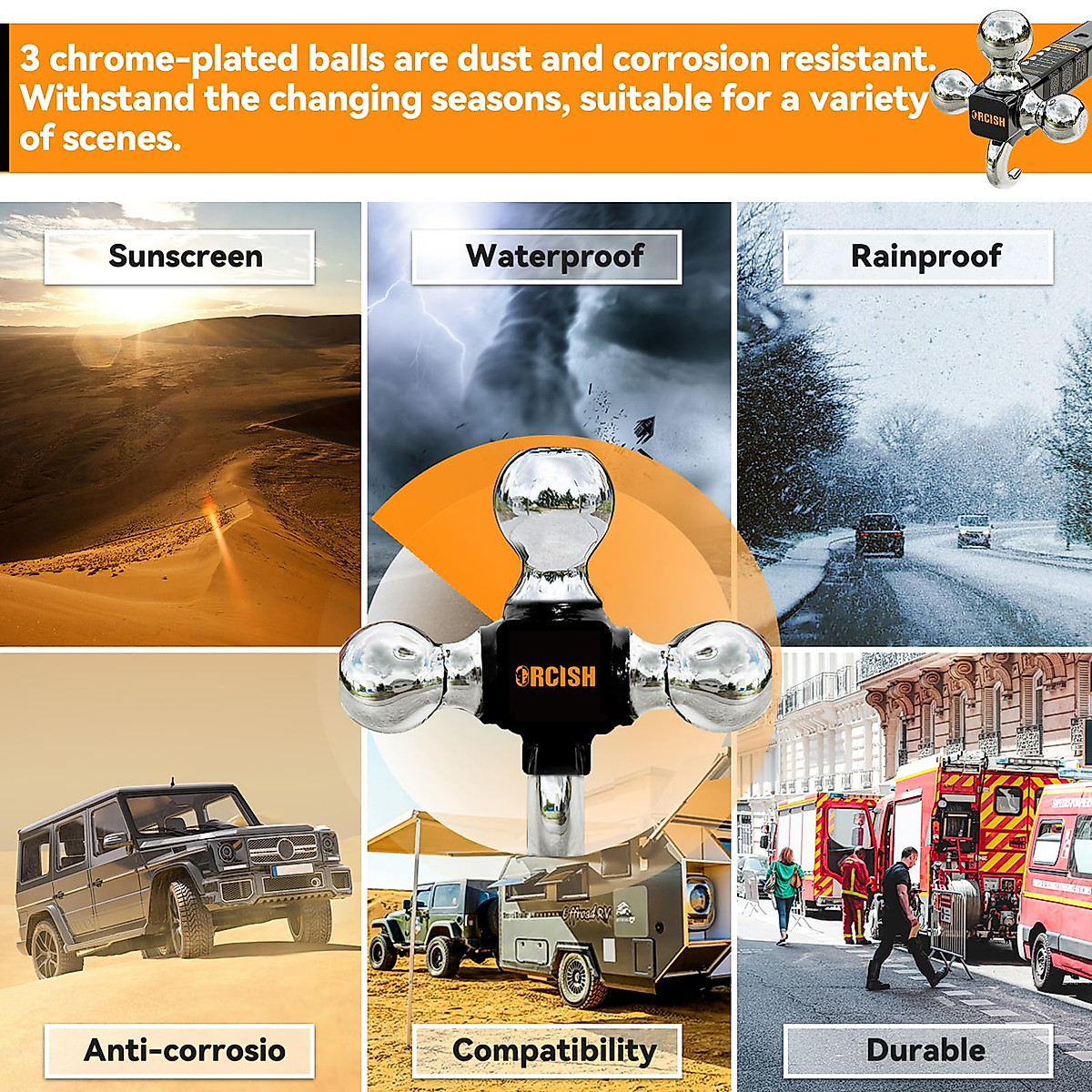 ORCISH Trailer Hitch Tri-Ball Mount with Hook & Pin, Trailer Ball Size 1-7/8", 2" and 2-5/16", Fit 2 Inch Hitch Receiver, 2/3 in 1 Ball Truck Hitch, Tow Hitch