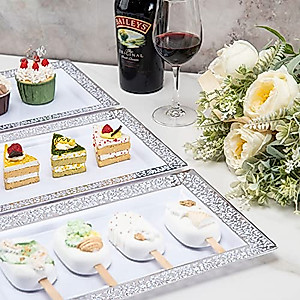 BBG 12Pcs Plastic Silver Serving Trays and Platters Set, 13.77 * 8.46” White with Silver Lace Design, Rectangular Plastic Food Platters, Disposable Serving Tray for Party Weddings Reception Buffet