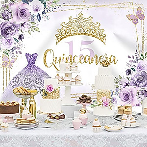 Rsuuinu Quinceañera 15th Birthday Backdrop Purple Floral Rose Gold Spots Photography Background Mexico Flower Fifteen Crown Princess Birthday Party Decorations Banner Supplies Photo Booth Props 7x5ft