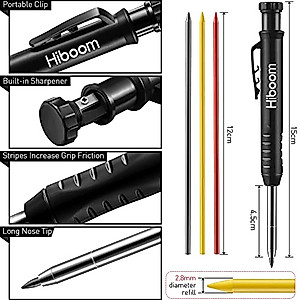 Hiboom Carpenter Pencil Set, 6 Pieces Long Nosed Deep Hole Tip Mechanical Hole Marker with Built in Sharpener and 36 Pcs 2.8 mm Refills for Woodworking Drafting Architect Construction