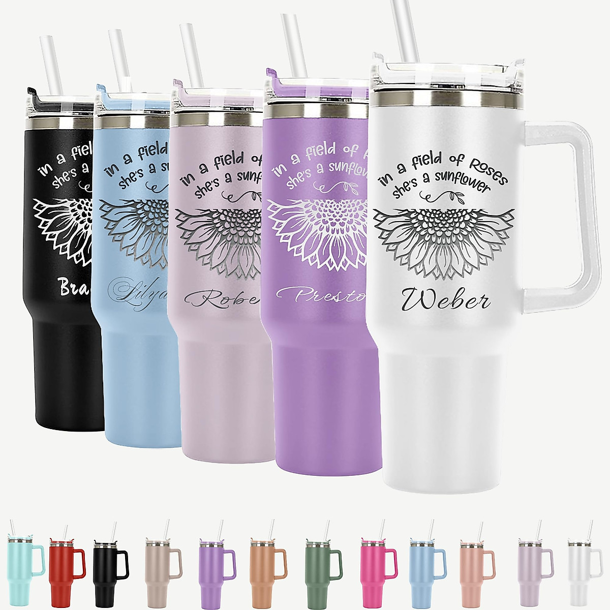 LifGif Sunflower Personalized Tumbler 40 oz Laser Engraved, Insulated Cup with Handle, Lid and Straw,Field of Roses Stainless Steel Large Vacuum Insulated,Custom Gift for Bridal Party,Birthday Gift
