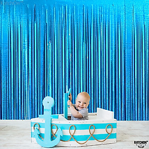 Katchon, Iridescent Blue Backdrop Curtain - 3.2x8 Feet, Pack of 2 | Iridescent Blue Streamers for Summer Party Decorations | Beach Party Decorations, Ocean Backdrop for Ocean Themed Party Decorations