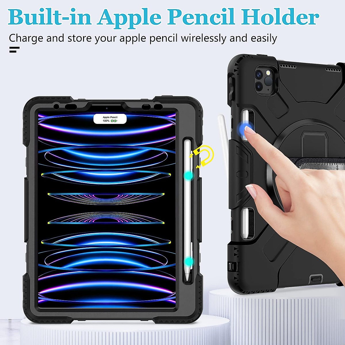 Case for iPad Pro 11 Inch (2022/2021/ 2020/2018): Silicone Cover for iPad 11 (4th/ 3rd/ 2nd/ 1st) Generation with Screen Protector- Stand- Handle- Shoulder Strap- Pencil Holder- Black