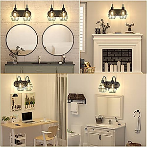 Elibbren Bathroom Vanity Light Fixtures, 2-Light Bathroom Lighting Fixtures Over Mirror with Cage, E26 Base Black Farmhouse Wall Sconces for Bedroom Living Room, UL Listed