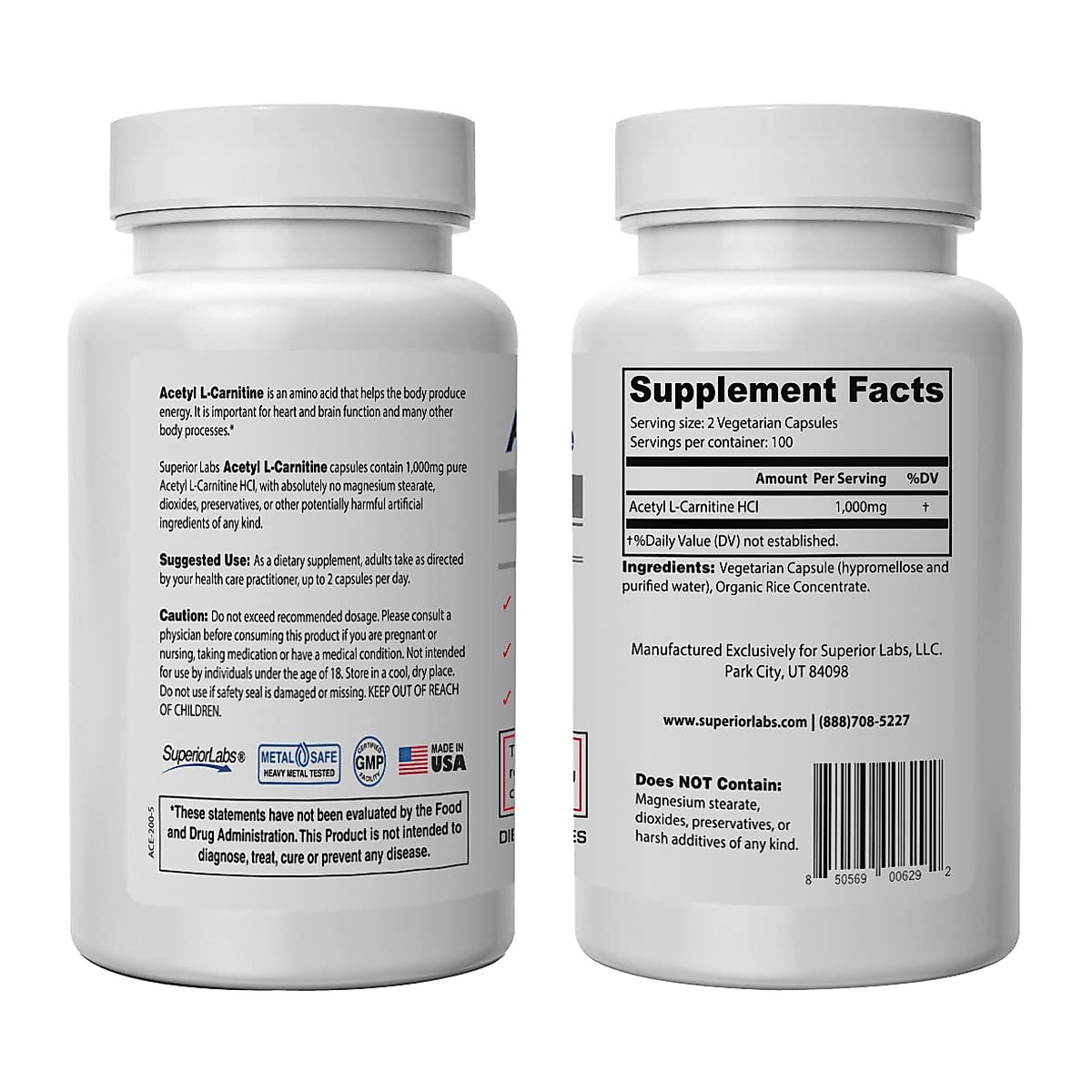 Superior Labs | Acetyl L-Carnitine 1000mg | 200 caps | Maximum Absorption | Pure Vegetable Capsules | Zero Synthetic Additives | Superior Absorption