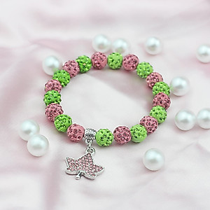 Sorority Gift for Women Greek Sorority Paraphernalia Bracelet Crystal Leaf Charm Bracelet Pink and Green Jewelry Sisterhood Gift (Leaf Bracelet)