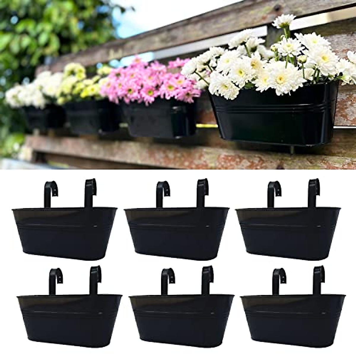 LaLaGreen Outdoor Rail Planter - 6 Pack, 11.2 Inch Black Metal Iron Hanging Flower Pots Deck Railings Fence Buckets Modern Countryside Boho Style Wall Mount Window Box Plant Holder Hooks Porch Decor