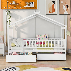 BestLM Twin Size Wooden House Bed with Two Storage Drawers for Kids, Wood Platform Bed Frame with Fence, Roof, and Safety Guardrail for Kids, Teens, Girls, Boys, White