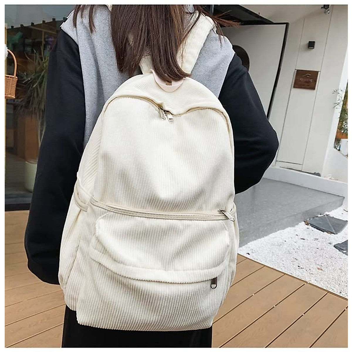 MININAI Preppy Corduroy Backpack Aesthetic Backpack 15.6 inch Laptop College Backpack Cute Book Bag Travel Rucksack Daypack (One Size,White)