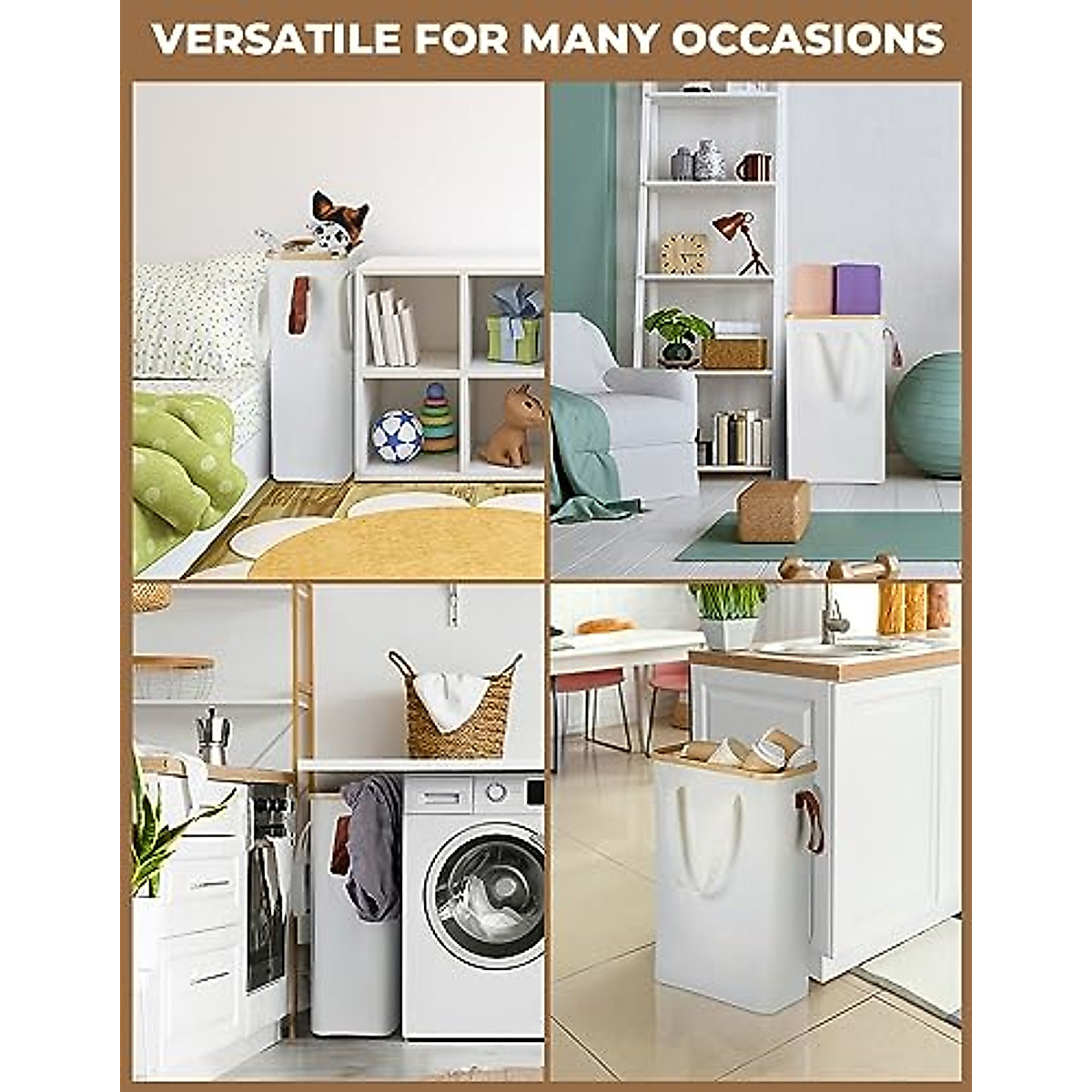 yamagahome Slim Laundry Basket with lid 52L, Collapsible Narrow Laundry Hamper with Removable Washable Laundry Bag, Thin Hamper Storage Basket Made of Bamboo and Oxford for Bedrooms, Bathroom, RV