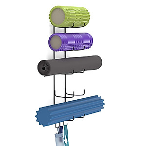 Wallniture Guru Foam Roller & Yoga Mat Holder Wall Mount with 3 Hooks for Hanging Yoga Strap, Resistance Bands, 5-Sectional Metal (Black)