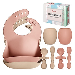 Baby Silicone Feeding Set - Baby Led Weaning Utensils, Silicone Bibs, Infant Feeding Cups For Boys, Girls, & Toddlers Smooth Waterproof Material For Practical Eating, Set of 8