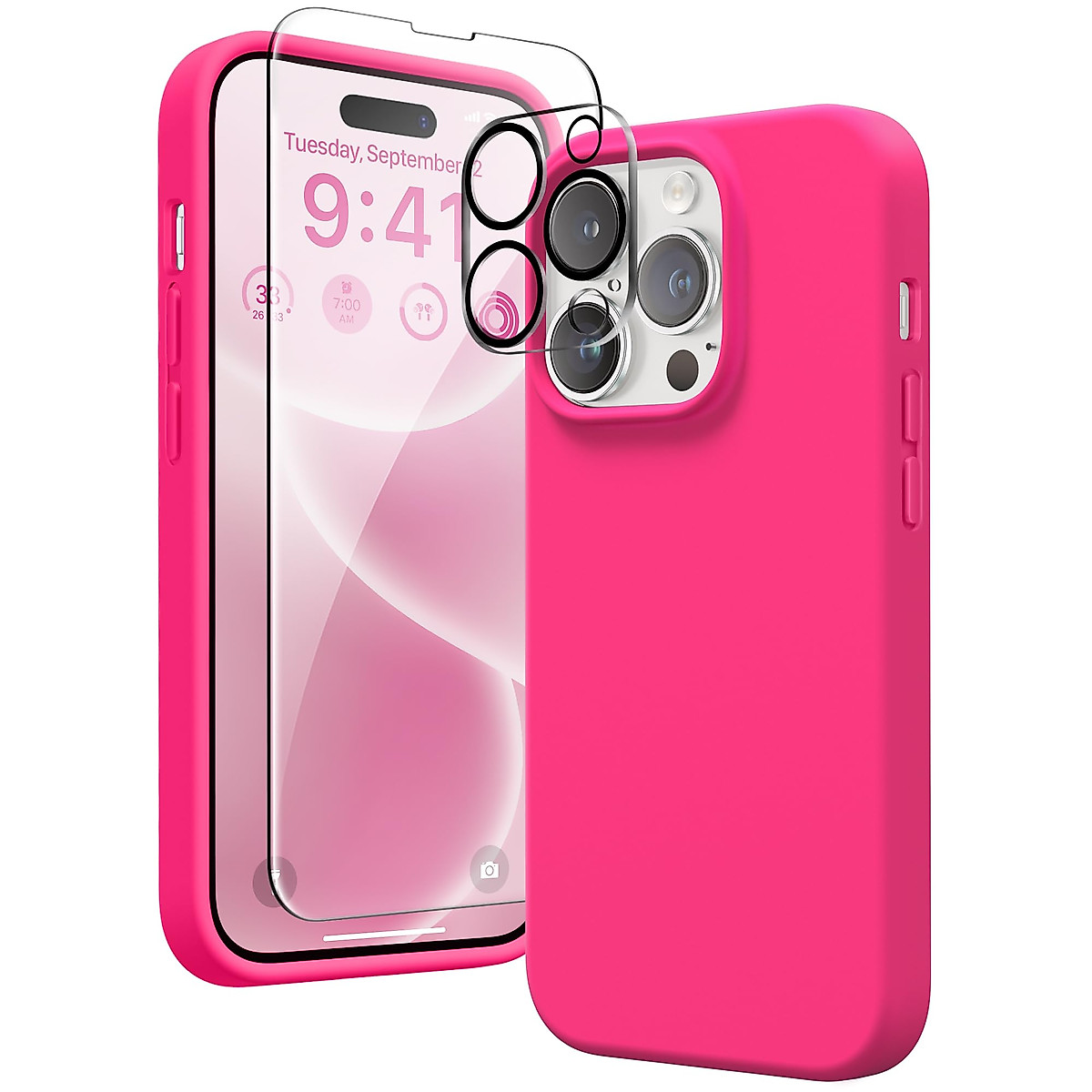 GONEZ Magnetic for iPhone 14 Pro Case, [Compatible with Magsafe] [2X Screen Protector + 2X Camera Lens Protector], Liquid Silicone Shockproof Protective Phone Case for iPhone 14 pro 6.1", Rose Red