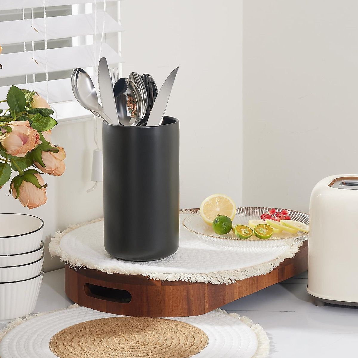 Black Matte Ceramic Countertop Utensil Holder - 6.6in Modern Spatula Holder for Farmhouse Kitchen Decor