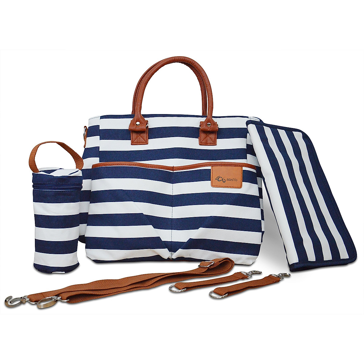 Designer Canvas Stylish Diaper Bag - With 2 Bonus Items: Changing Pad + Bottle Holder