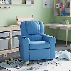 HBCY Creations Kid's Recliner - Light Blue Vinyl Upholstery - Integrated Cupholder - Padded Headrest - Safety Recline Feature