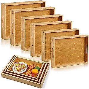 Geelin 6 Pack Bamboo Wood Serving Tray with Handles Rectangular Wooden Breakfast Tray Coffee Table Tray Decorative Serving Trays Platter for Eating Food Bed Breakfast Dinner Living Room, 3 Sizes