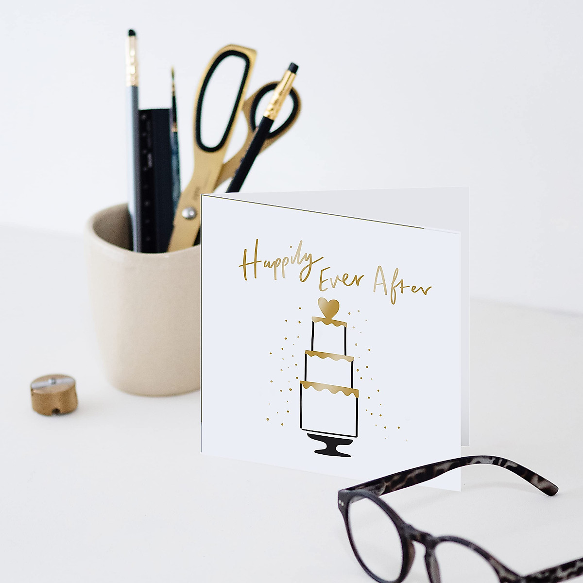 Old English Co. Happily Ever After Wedding Cake Card - Beautiful Gold Foil For Wedding Day | Congratulations to Newly Weds, Bride and Groom | Blank Inside & Envelope Included