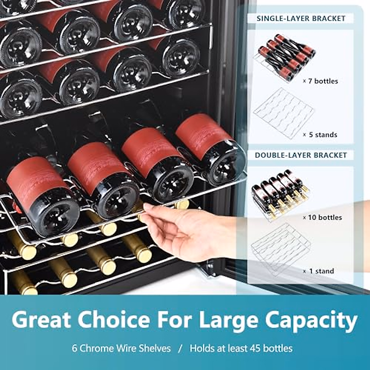 EUHOMY 45 Bottle Wine Cooler Refrigerator, Small Built-in Wine Fridge for Red, White and Champagne, 4.5 Cu.ft Mini Fridge with Adjust Temperature, Black