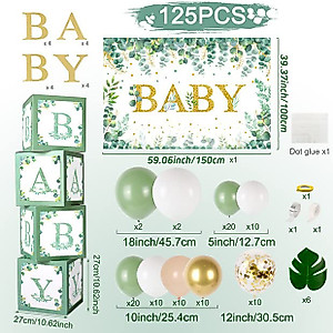 DataMoon 125PCS Sage Green Baby Shower Decorations - Retro Green and Gold Balloons Different Sizes, Green Baby Backdrop and Sage Green Baby Boxes for Gender Reveal, Birthday, Woodland Jungle Party