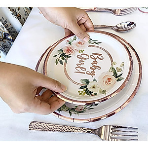 Baby Shower Tableware Plates and Napkins, Baby Girl Decorations | 25 Servings With Rose Gold Foil, Pink Floral Paper Dessert Disposable Cups | Tea Party Supplies