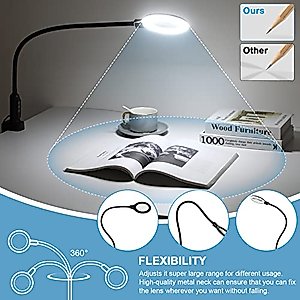 TOMSOO 26" Gooseneck Magnifying Lamp with Clamp, 5 Color Modes Stepless Dimmable LED Desk Light with Magnifying Glass, 5X Real Glass Lighted Magnifier Hands Free for Painting Close Work Craft Hobby