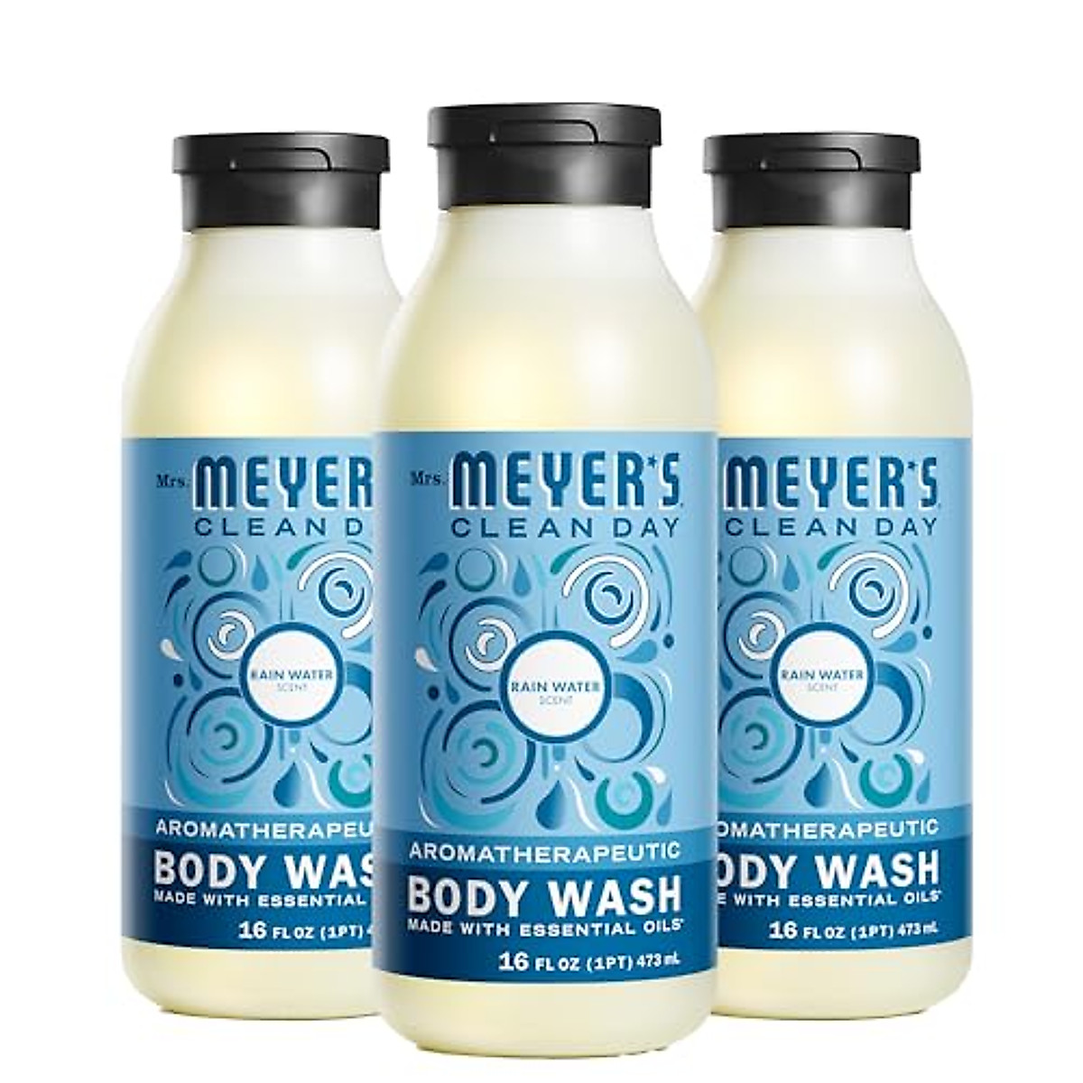 Mrs. Meyer's Moisturizing Body Wash for Women and Men, Biodegradable Shower Gel Formula Made with Essential Oils, Rain Water, 16 oz Bottle, Pack of 3