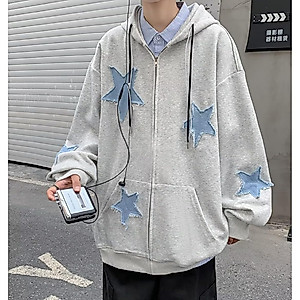 Y2K Hoodie Women Grunge Stars Zip Up Sweatshirt Acubi Emo Oversized Hooded Jacket Harajuku Pullover Alt Clothing (Gray,M)