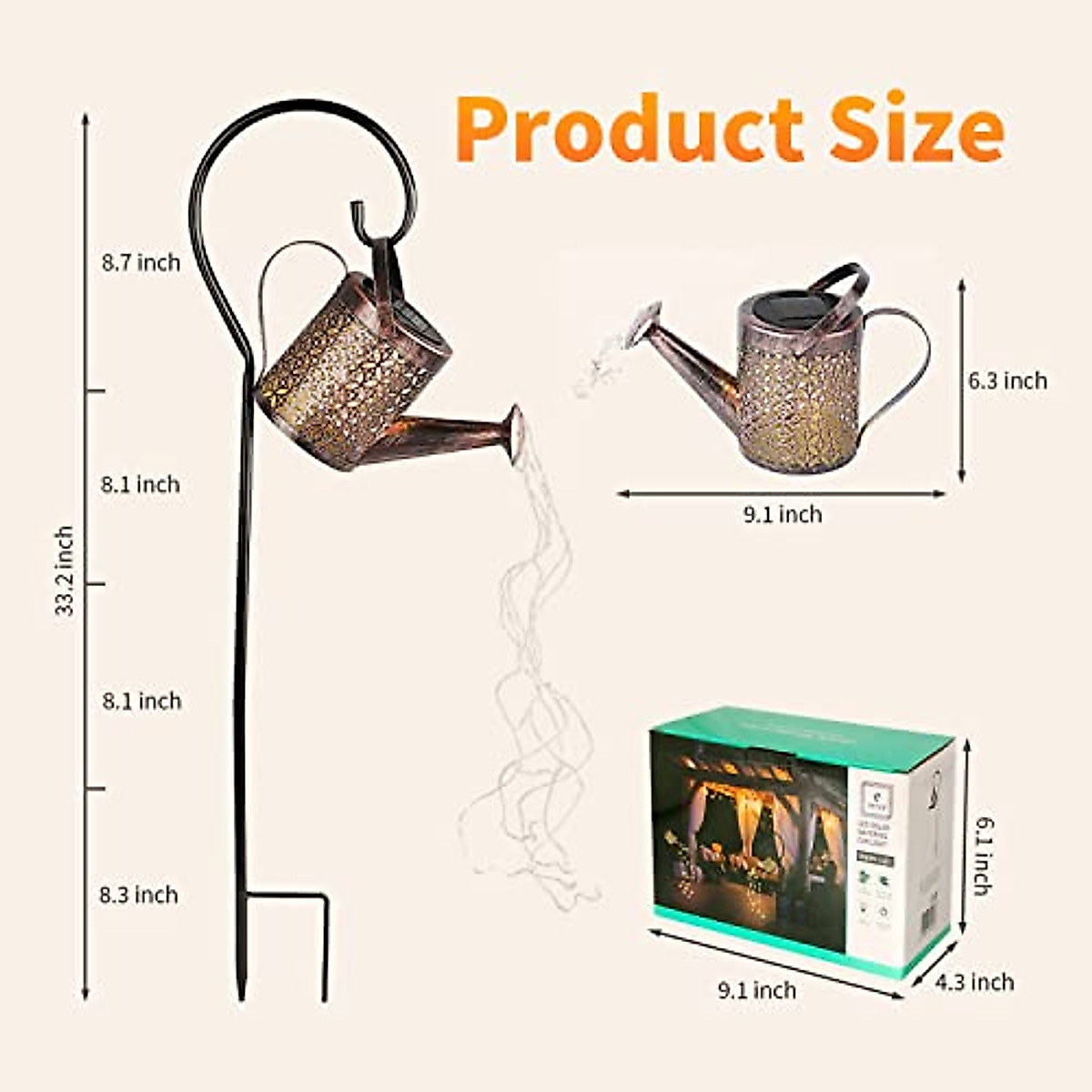 BQOQB Watering can with Garden Decor Lights-Retro Waterproof Copper Solar Twinkle Lights for Outdoor,Pathway,Yard,Deck,Lawn,Patio,Walkway Party Decorations, Gifts for Mom