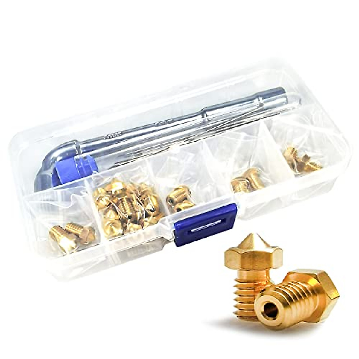 XIFOWE Nozzles 22 pcs 3D Printer Brass Nozzles for V5-V6 3D Printer, 0.2mm, 0.4mm, 0.6mm, 0.8mm, 1.0mm, with DIY Tools and A Ten-Grid Parts Box, Compatible with I3 A8 MK3/MK3S Clone