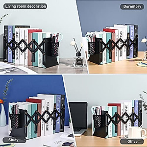 Adjustable Book Ends, Hmseng Metal Bookends Book Holders for Shelves, Desk Magazine File Organizer Holder for Office, Books, Papers, Extends up to 19 inches.Scratch-Resistant Hand Coating-Black