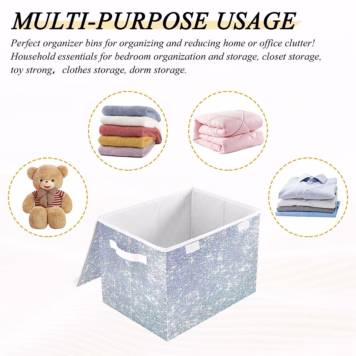 Ollabaky Sparkling Glitter Larger Collapsible Storage Bin Fabric Decorative Storage Box Cube Organizer Container Baskets with Lid Handles for Closet Organization, Shelves