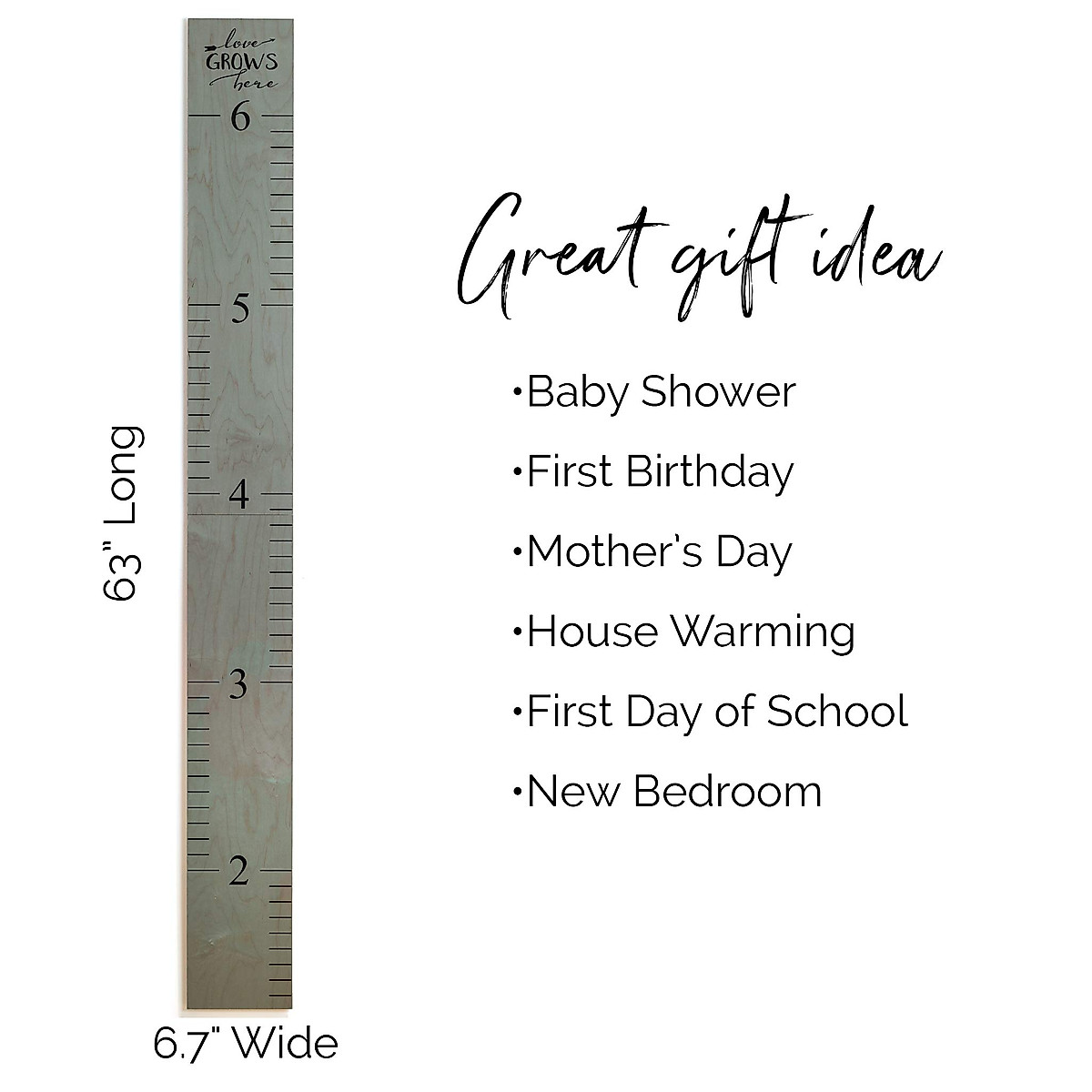 Headwaters Studio Growth Chart for Wall - Height Chart for Kids, Wooden Height Chart, Kids Height Wall Chart, Measurement for Wall, Wall Measurement for Height Kids - Love Grows Here Gray (63"x6.7")