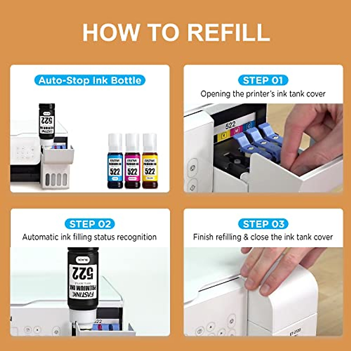 FASTINK Compatible Epson T522 522 Refill Ink Bottle Work with EcoTank ET-2720, ET-2800,ET-2803,ET-4800,ET-4700 Printer for Epson 522 Ink Bottle Refill Combo, 4 Pack