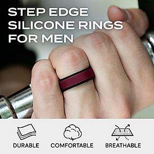 ROQ Silicone Rubber Wedding Ring for Men, Comfort Fit, Men's Wedding Band, Breathable Rubber Engagement Ring/Band, Step Edge, 8mm Wide 2mm Thick, 4 Pack, Black, Grey, Bordeaux, Dark Blue, Size 11