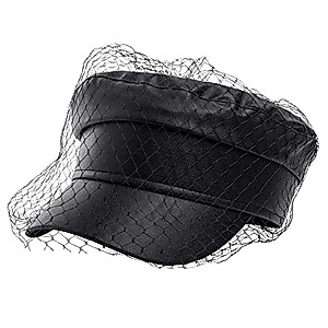 Beret Hats for Women PU Leather Newsboy Fiddler Cap with Veil Casual Baker Boy Captain Hat
