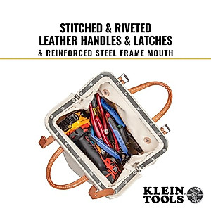 Klein Tools 5102-12 Heavy Duty Natural Canvas Tool Bag, Tool Tote, Multi-Purpose Bag with Wide Hinged Opening and Leather Handles, 12-Inch
