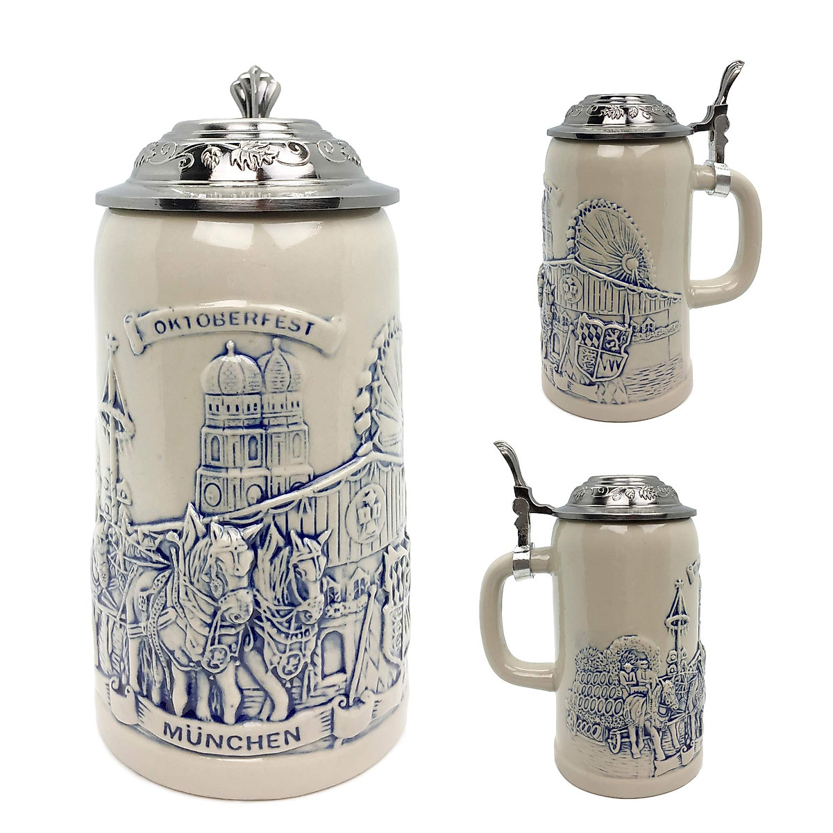 1 Liter | OktoberfestHaus Oktoberfest Mugs Engraved Beer Stein German Raised Relief Munich Festival Scene Stoneware Beer Mug Tankard With Lid