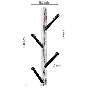 MyGift 4 Hook Wall Mounted Shabby White Washed Solid Wood and Black Metal Hat Coat Hanger Tree, Vertical Entryway Hanging Garment Rack with Branch Style Hooks, Set of 2