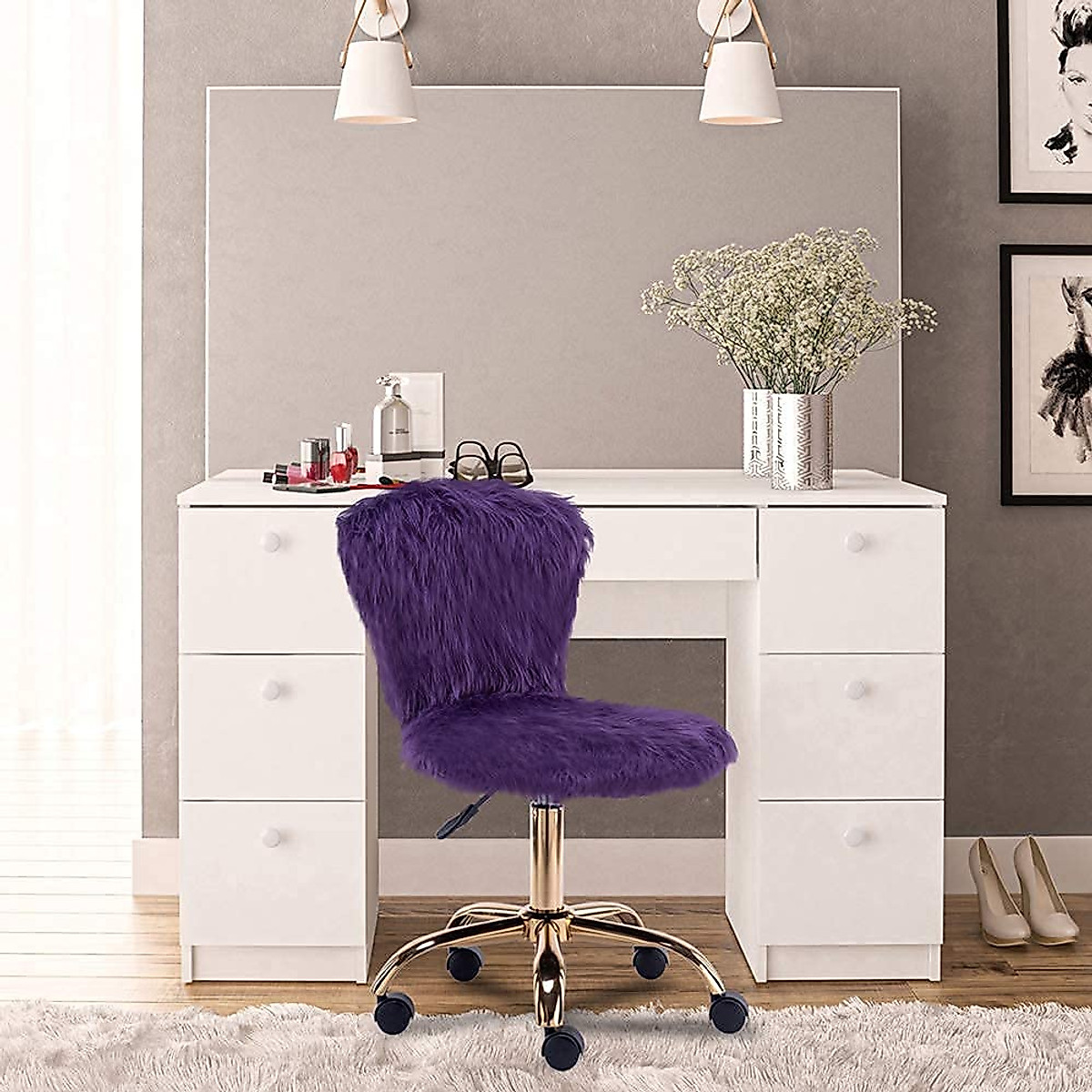 Purple Fur Makeup Small Vanity Chair with Back - Golden Swivel Base Dressing Chair - Adjustable Desk Chair for Beauty Room, Living Room or Home Office - 1 Pack