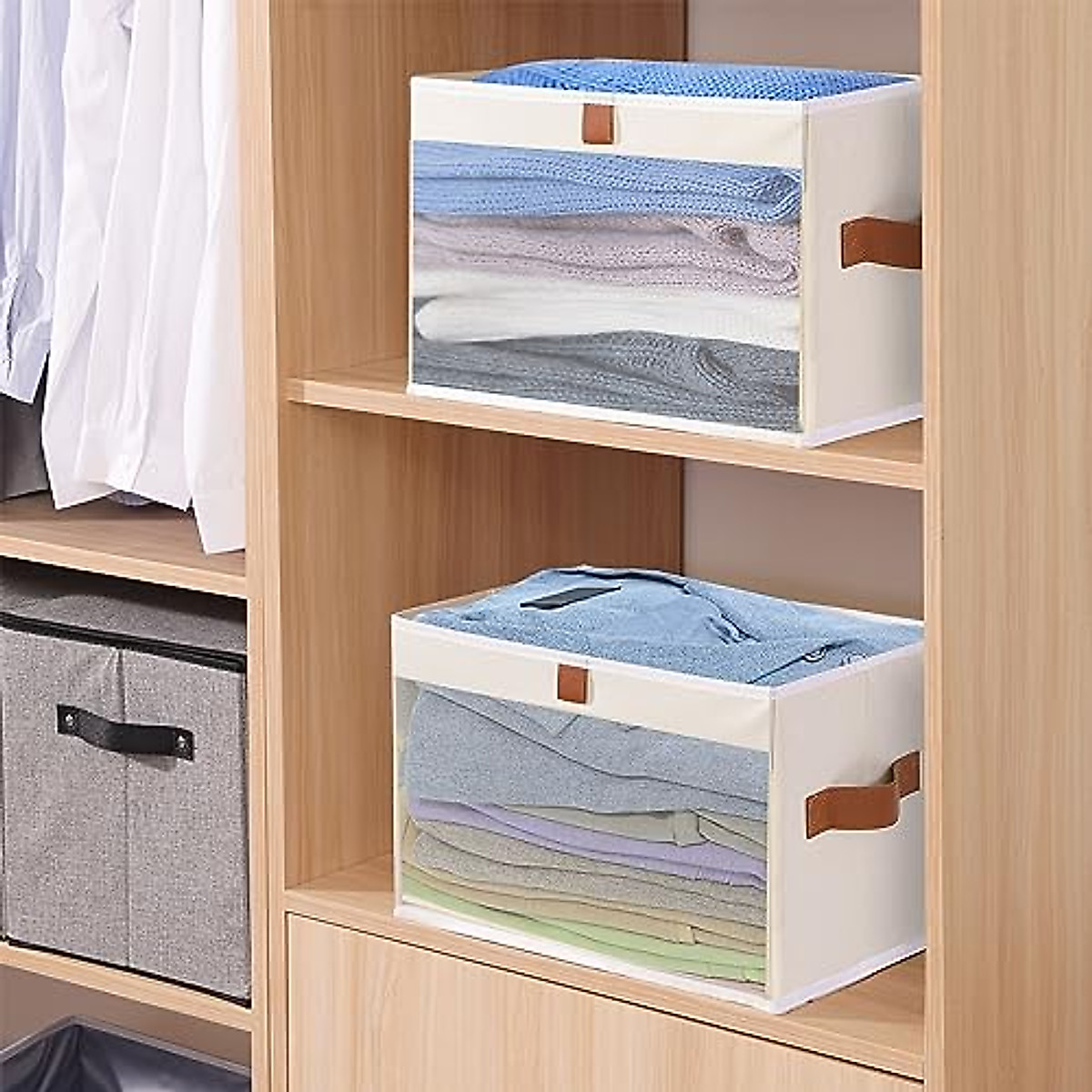 YheenLf Foldable Closet Storage Bins 3-Pack,Fabric Box with Transparent Windows and Handles,Storage Baskets Used for Organizing Clothes( Beige,12.6x12.6x9in)
