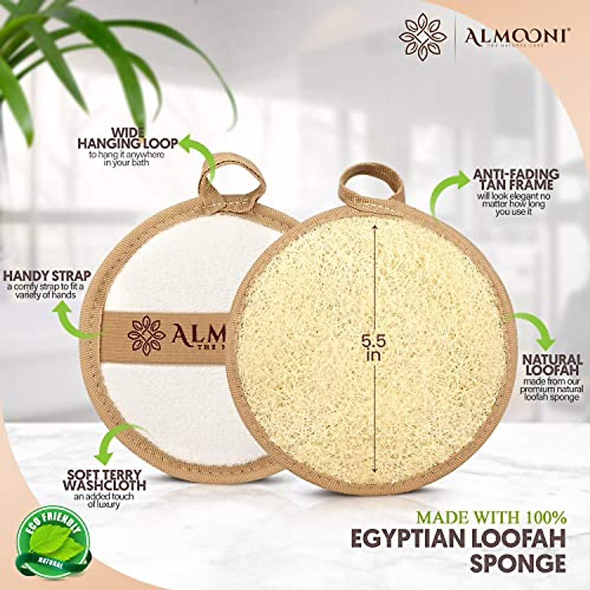 Almooni Premium Egyptian Exfoliating Loofah Pad Body Scrubber - Round loofa Shape - Made with Natural Egyptian Shower lufa Sponge That Gets You Clean - Not Just Spreading Soap -2 Pack