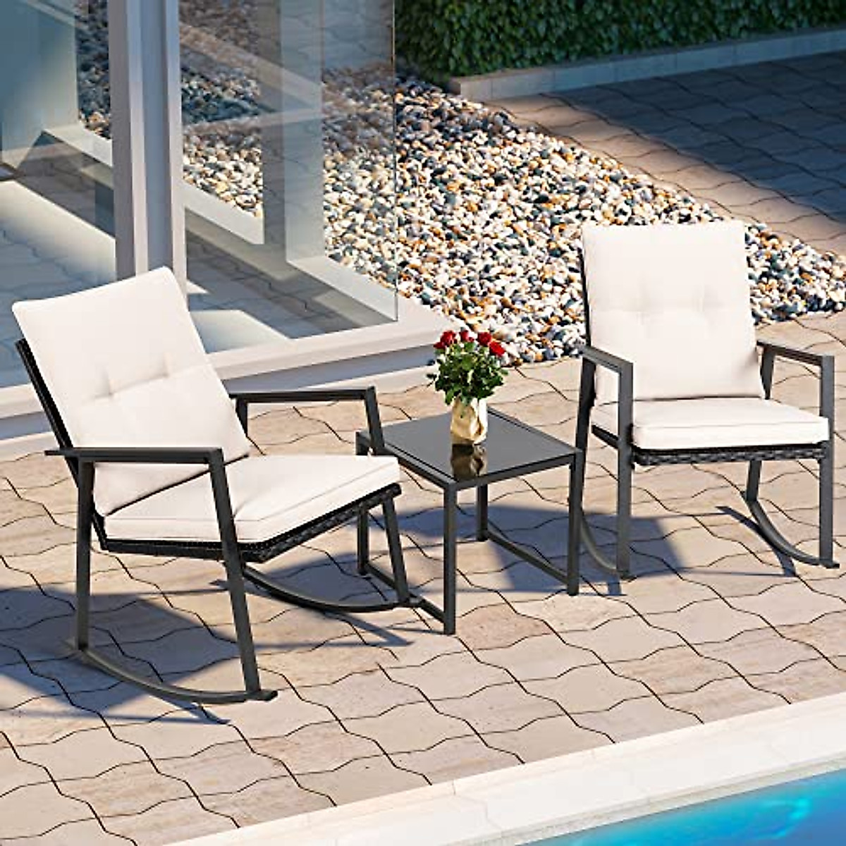 JAMFLY 3-Piece Patio Rocking Bistro Set, Outdoor Wicker Furniture Balcony Porch Chairs Conversation Sets with Glass Coffee Table (Beige)