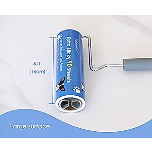 YabeePet Extreme Sticky Large Surface Lint Roller, Long Handle Pet Hair Remover, Designed for Removing Pet Dog Cat Hair 90 Sheets per Roll, 6.3 inch Width (1 Roller+2 Refills)