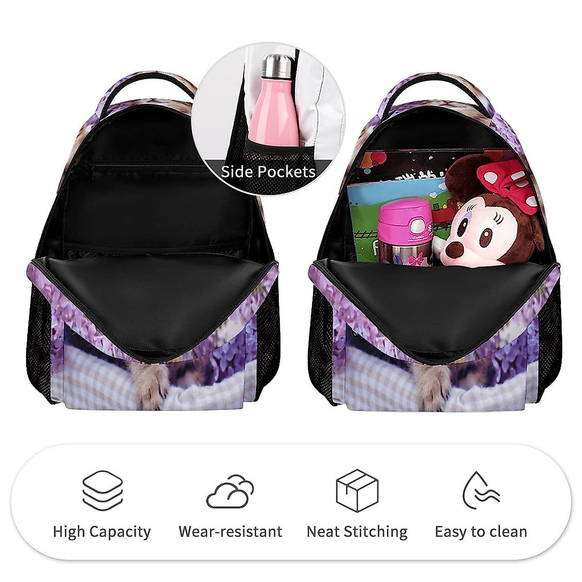 Niapessel Kids Backpack for School, Cute Kitten Purple Flower Pattern Students Bookbags School Bags Girls Boys