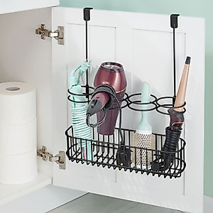 mDesign Metal Bathroom 4 Section Storage Tool Organizer Basket Tray - Hang Over Cabinet Door - Storage for Hair Dryer, Straightener, Curling Iron, Styling Products - Concerto Collection - Black