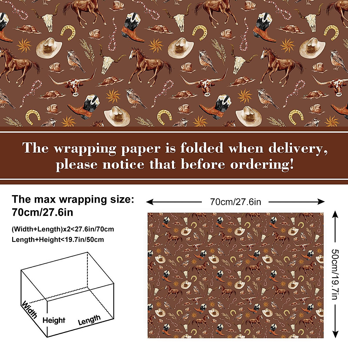 AnyDesign 12 Sheet Western Cowboy Wrapping Paper Wild West Horse Bull Cactus Gift Wrap Paper Bulk Folded Flat Funny Art Paper for Birthday Wedding Baby Shower DIY Crafts Gift Packing, 19.7 x 27.6 In